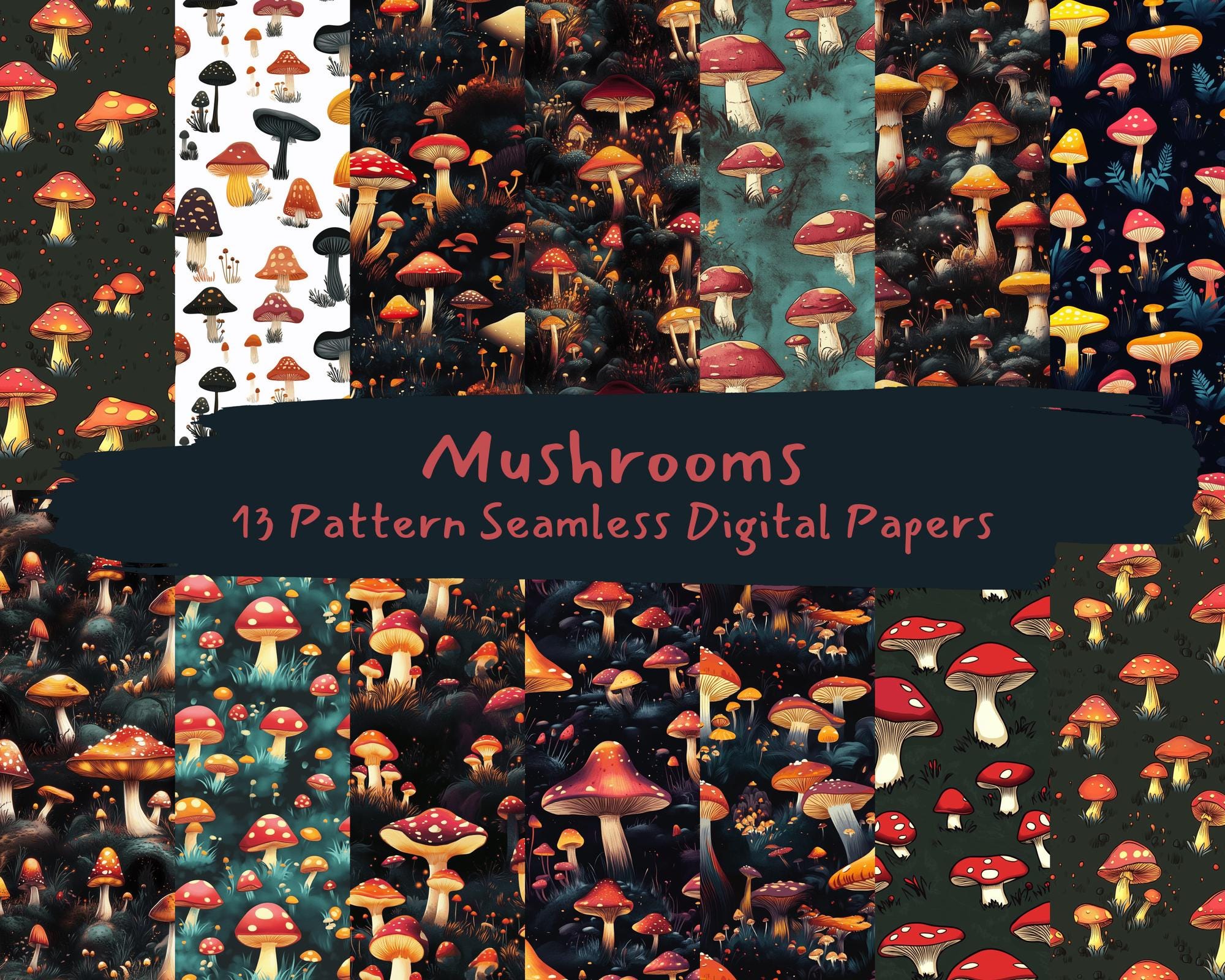 Mushrooms Pattern Seamless Digital Papers - Printable Scrapbook Paper ...
