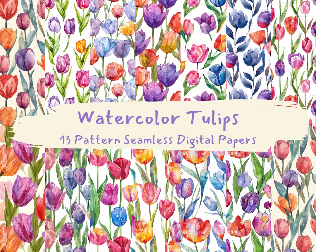 Watercolor Tulips Pattern Seamless Digital Papers - Printable Scrapbook ...