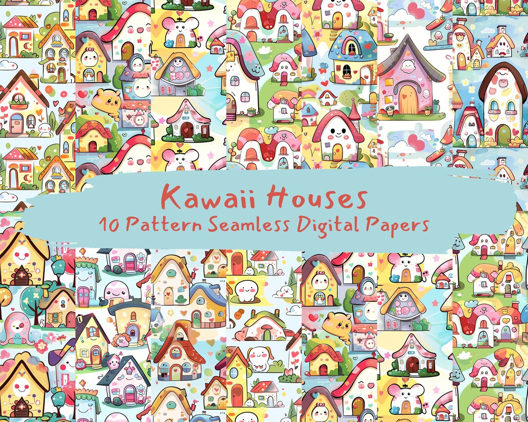 Kawaii Houses Pattern Seamless Digital Papers - Printable Scrapbook ...