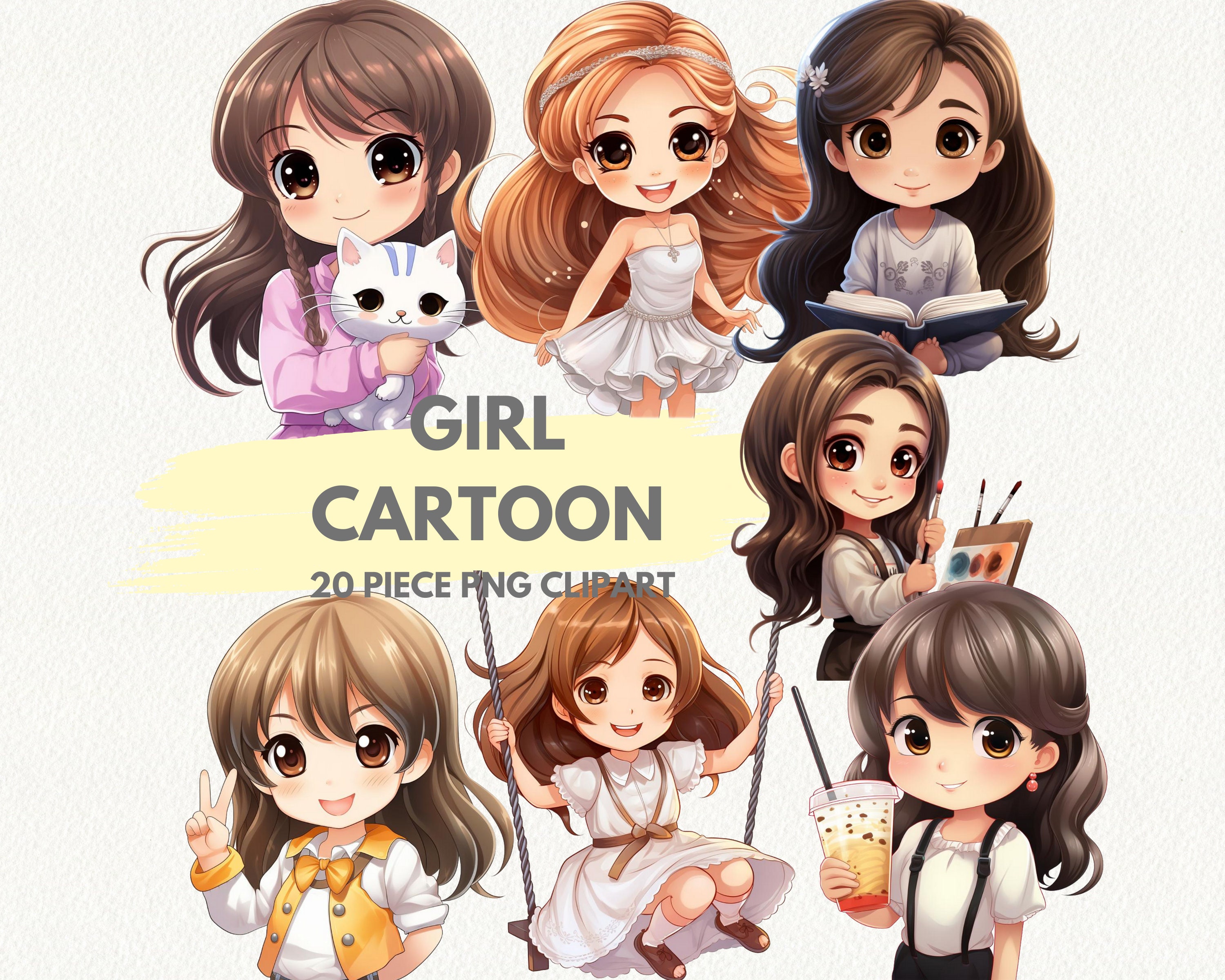 Cute Girl Cartoon Digital Printable Clipart Bundle in PNG Format ...