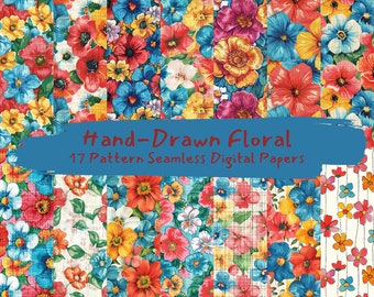 Seamless Floral Digital Paper, Hand Drawn Flowers Seamless Pattern ...