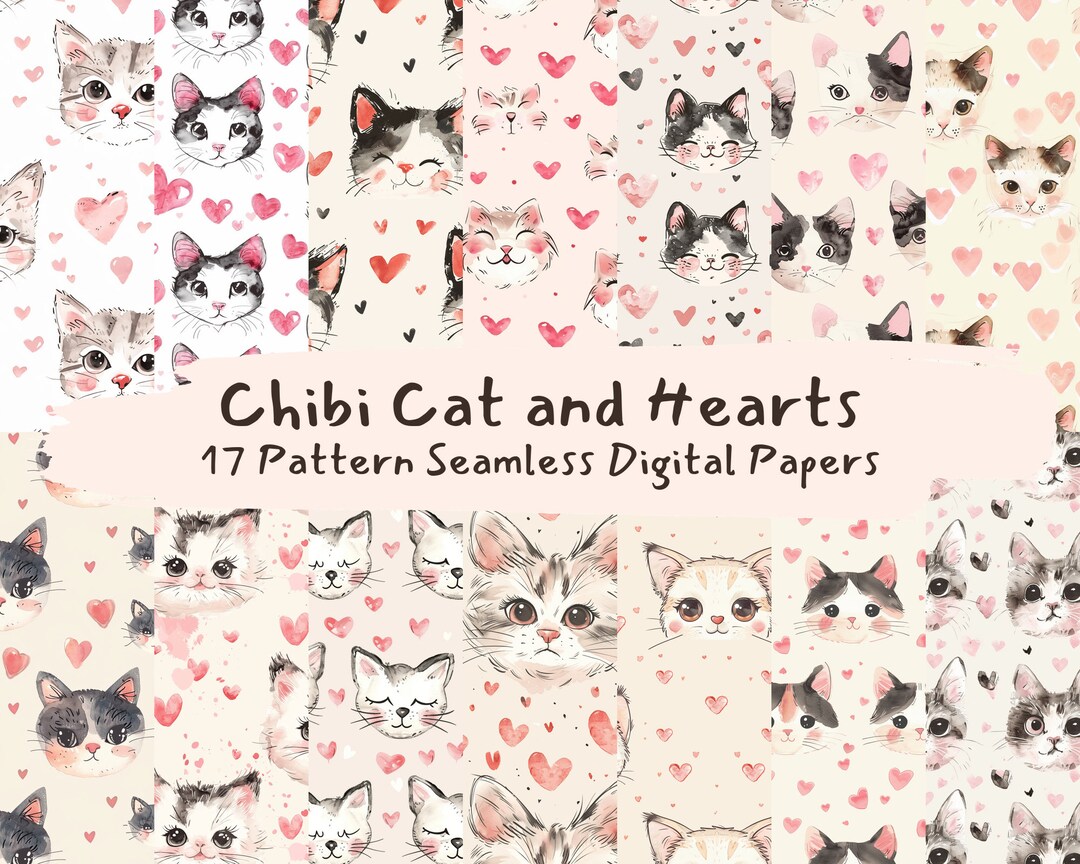 Chibi Cat and Hearts Pattern Seamless Digital Papers - Printable ...