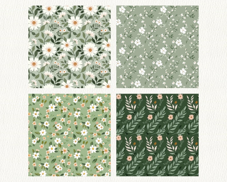 Sage Green Floral Pattern Seamless Digital Papers - Printable Scrapbook ...