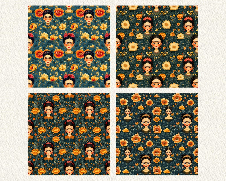 Frida Kahlo Faces Pattern Seamless Digital Papers - Printable Scrapbook ...