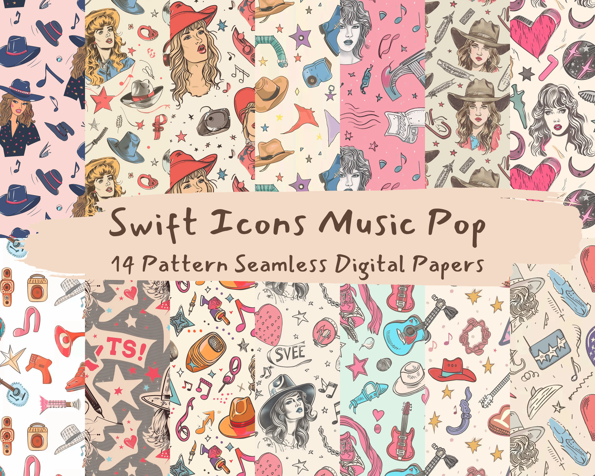 Swift Icons Music Pop Pattern Seamless Digital Papers - Printable Scrapbook Paper Instant ...