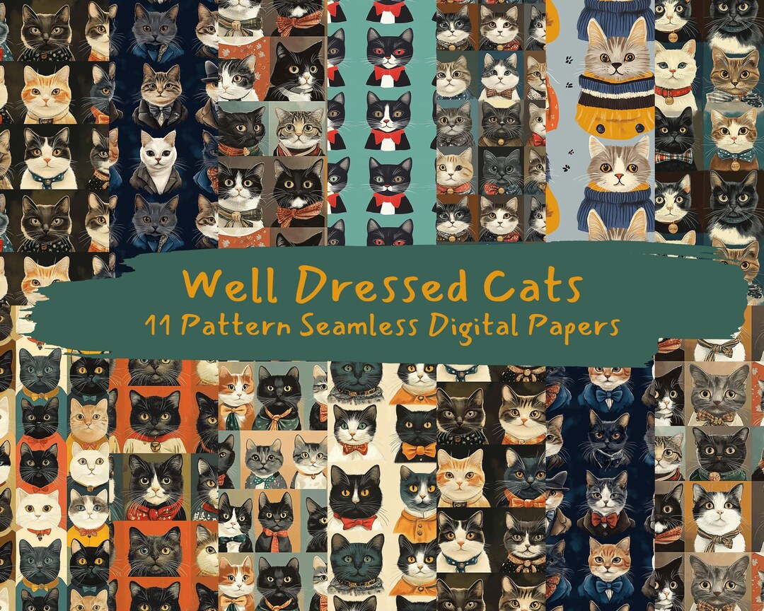 Well Dressed Cats Pattern Seamless Digital Papers - Printable Scrapbook ...