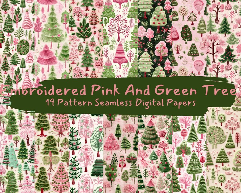 Embroidered Pink and Green Trees Pattern Seamless Digital Papers ...