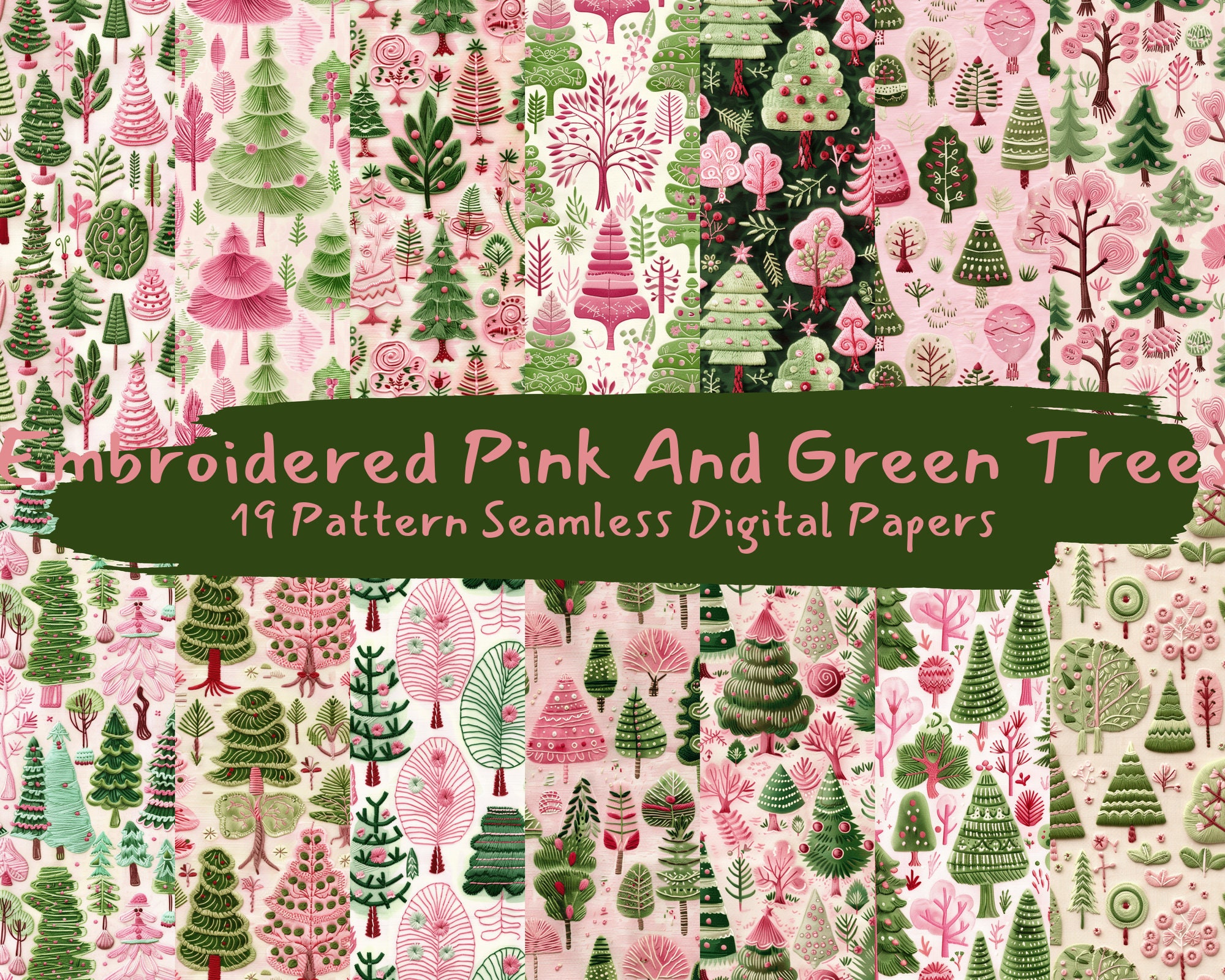 Embroidered Pink and Green Trees Pattern Seamless Digital Papers ...