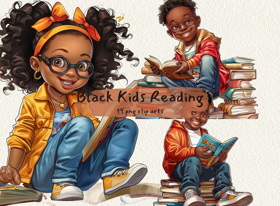 Black Kids Reading Printable Clipart, Png Format, Transparent ...