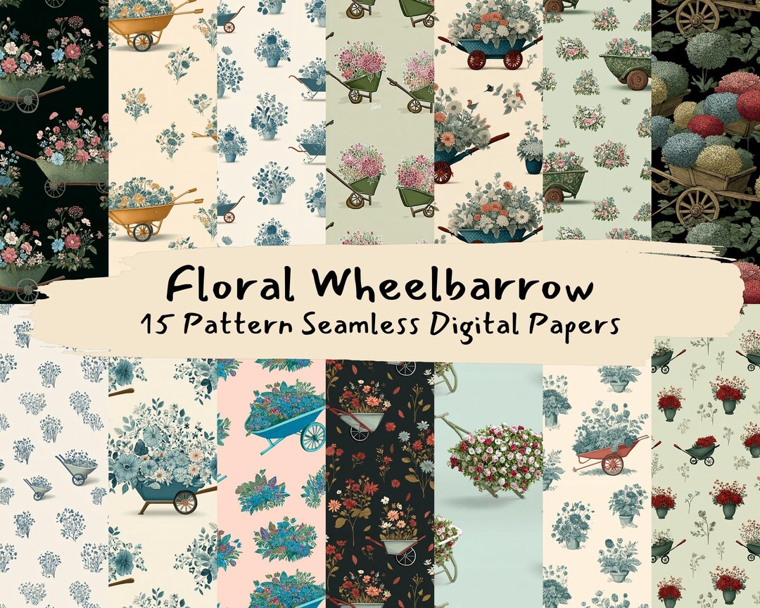 Floral Wheelbarrow Pattern Seamless Digital Papers - Printable ...