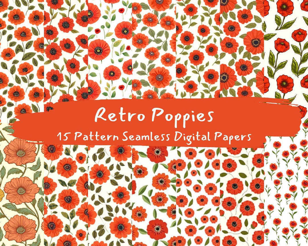 Retro Poppies Pattern Seamless Digital Papers - Printable Scrapbook ...