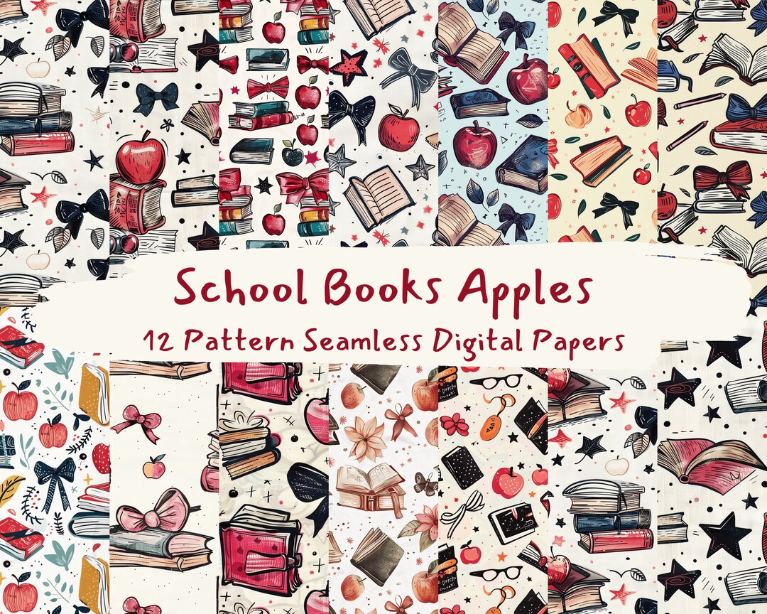 School Books Apples Pattern Seamless Digital Papers - Printable ...