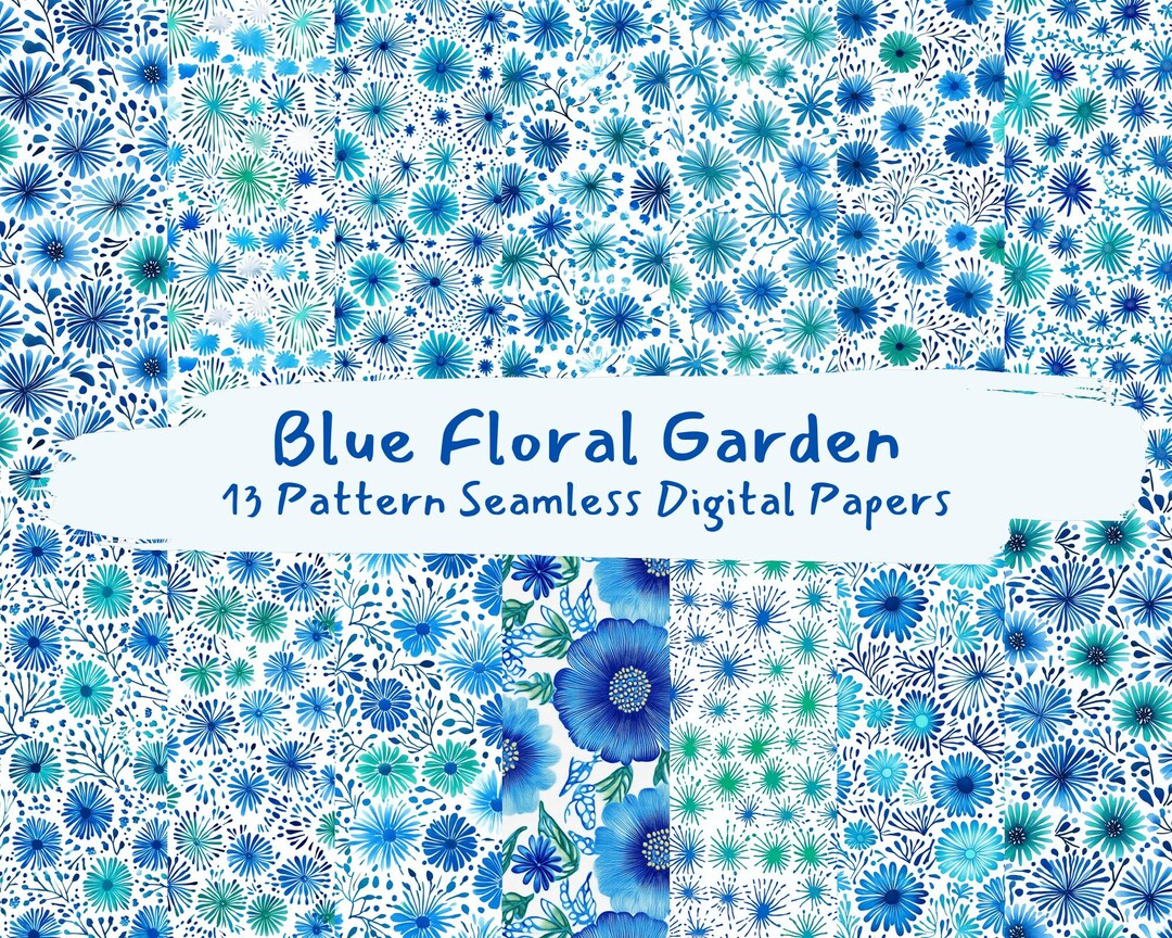 Blue Floral Garden Pattern Seamless Digital Papers - Printable ...