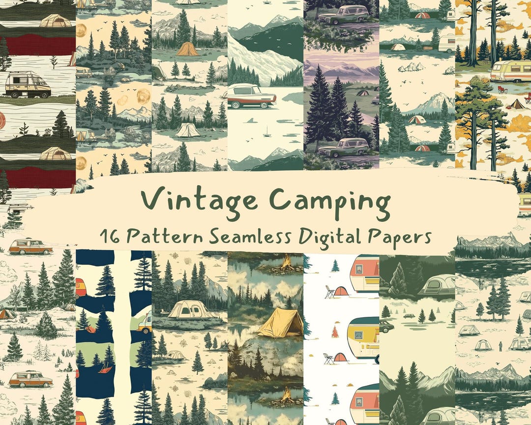 Vintage Camping Pattern Seamless Digital Papers - Printable Scrapbook ...