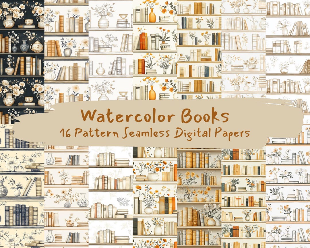 Watercolor Books Pattern Seamless Digital Papers - Printable Scrapbook ...