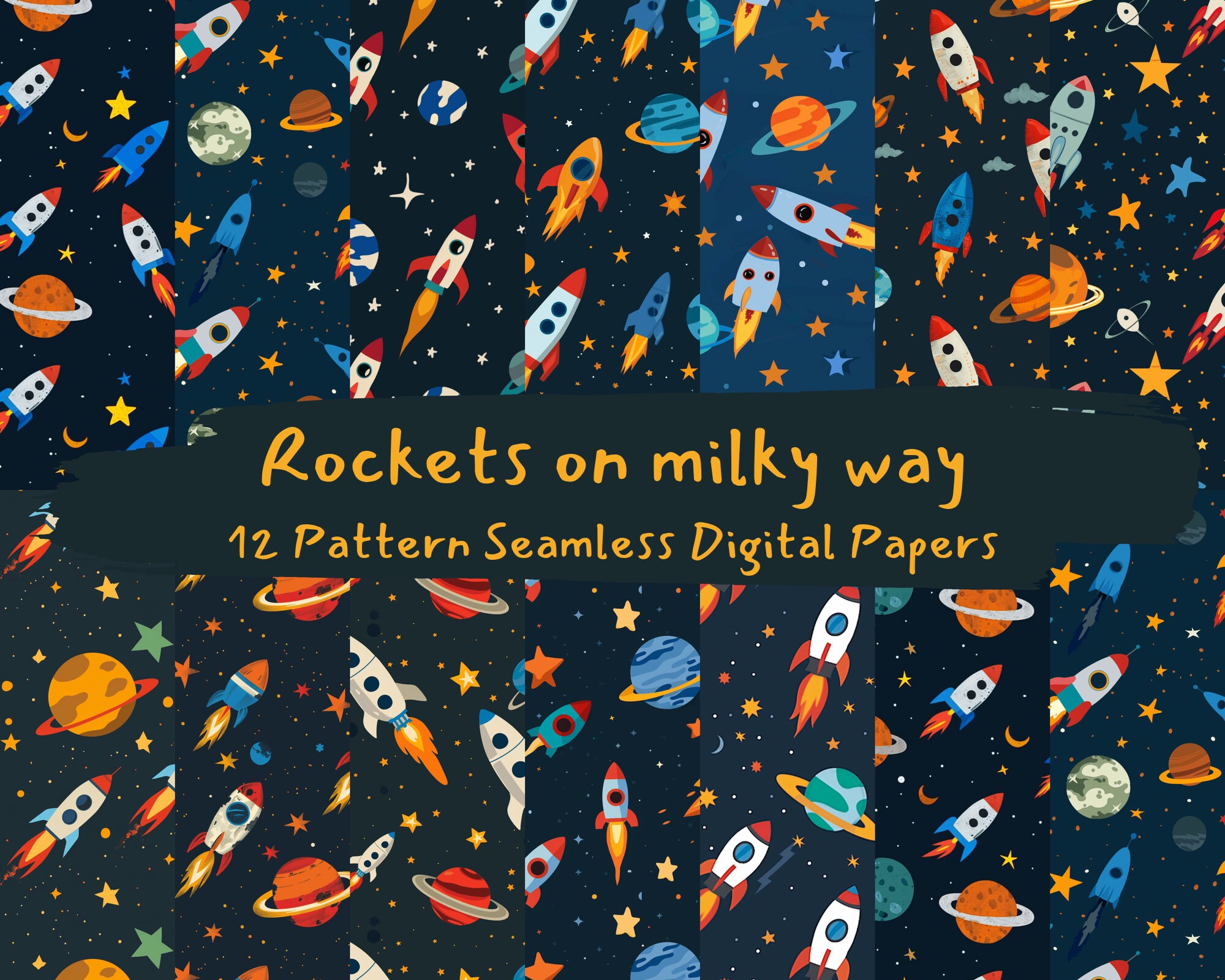 Rockets on Milky Way Pattern Seamless Digital Papers Printable ...