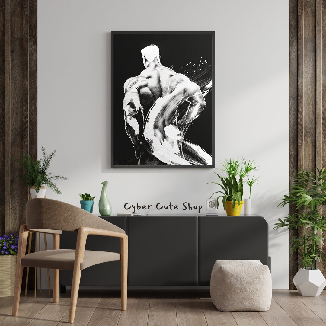 Raw Strength: Quick Sketch of a Muscular Bodybuilder in White on Black ...
