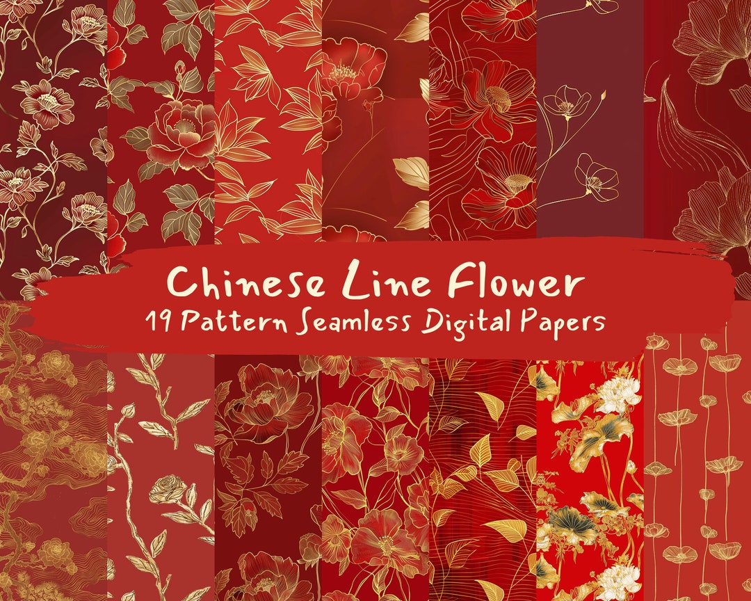 Chinese Line Flower Pattern Seamless Digital Papers - Printable ...