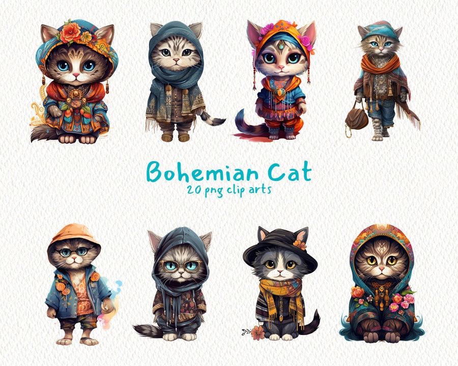 Bohemian Cat, Digital Printable Clip Art Graphics in PNG Format ...
