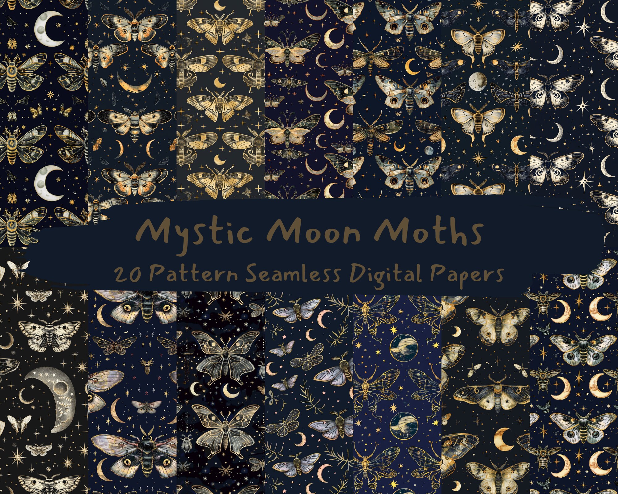 Mystic Moon Moths Pattern Seamless Digital Papers - Printable Scrapbook ...
