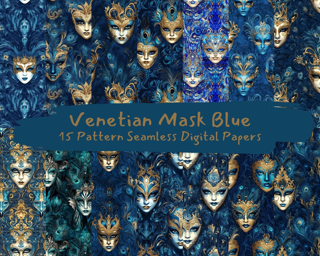 Venetian Mask Blue Pattern Seamless Digital Papers - Printable ...