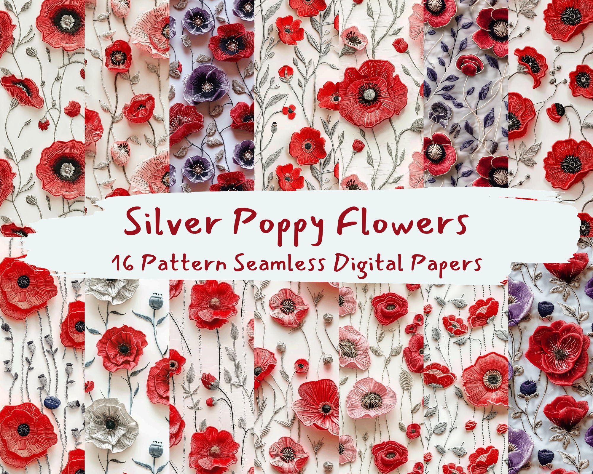 Silver Poppy Flowers Pattern Seamless Digital Papers Printable ...