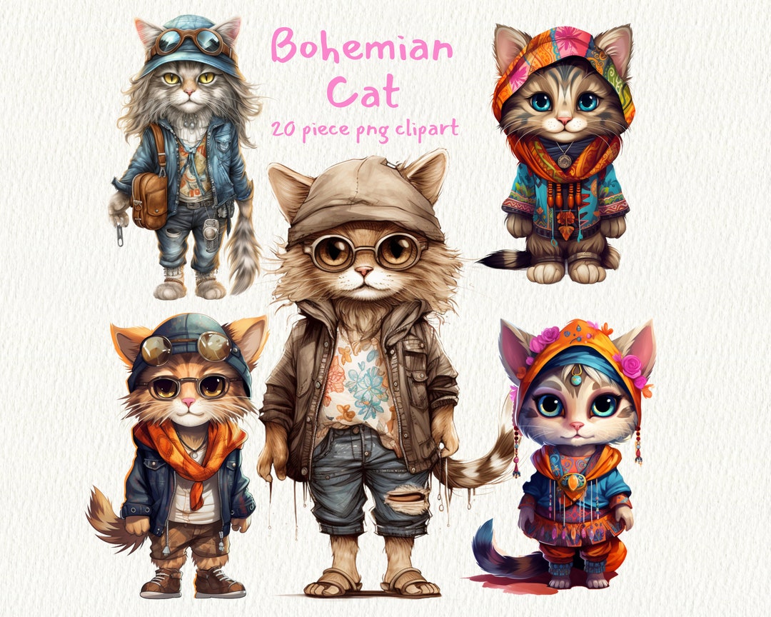 Bohemian Cat, Digital Printable Clip Art Graphics in PNG Format ...