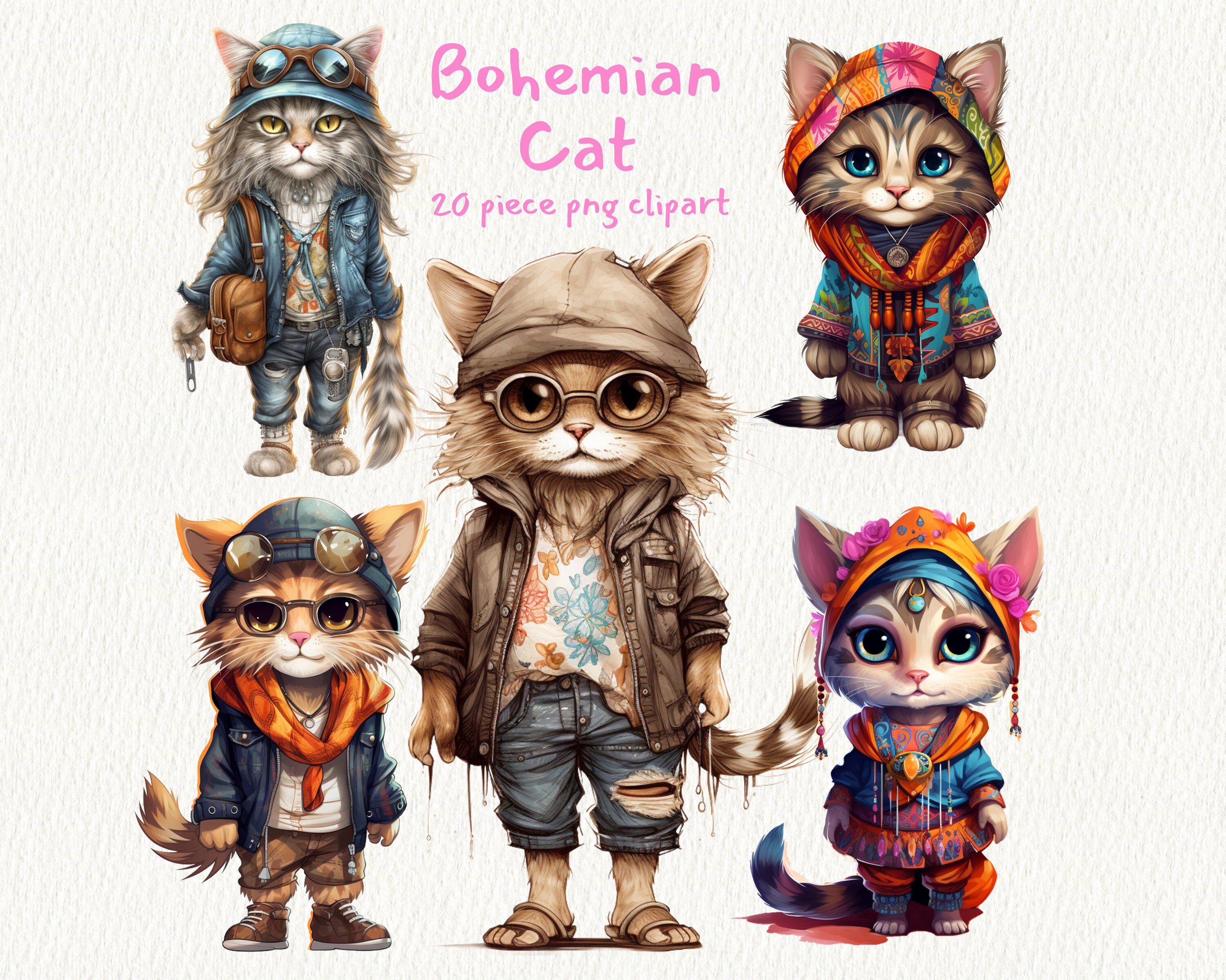 Bohemian Cat, Digital Printable Clip Art Graphics in PNG Format ...