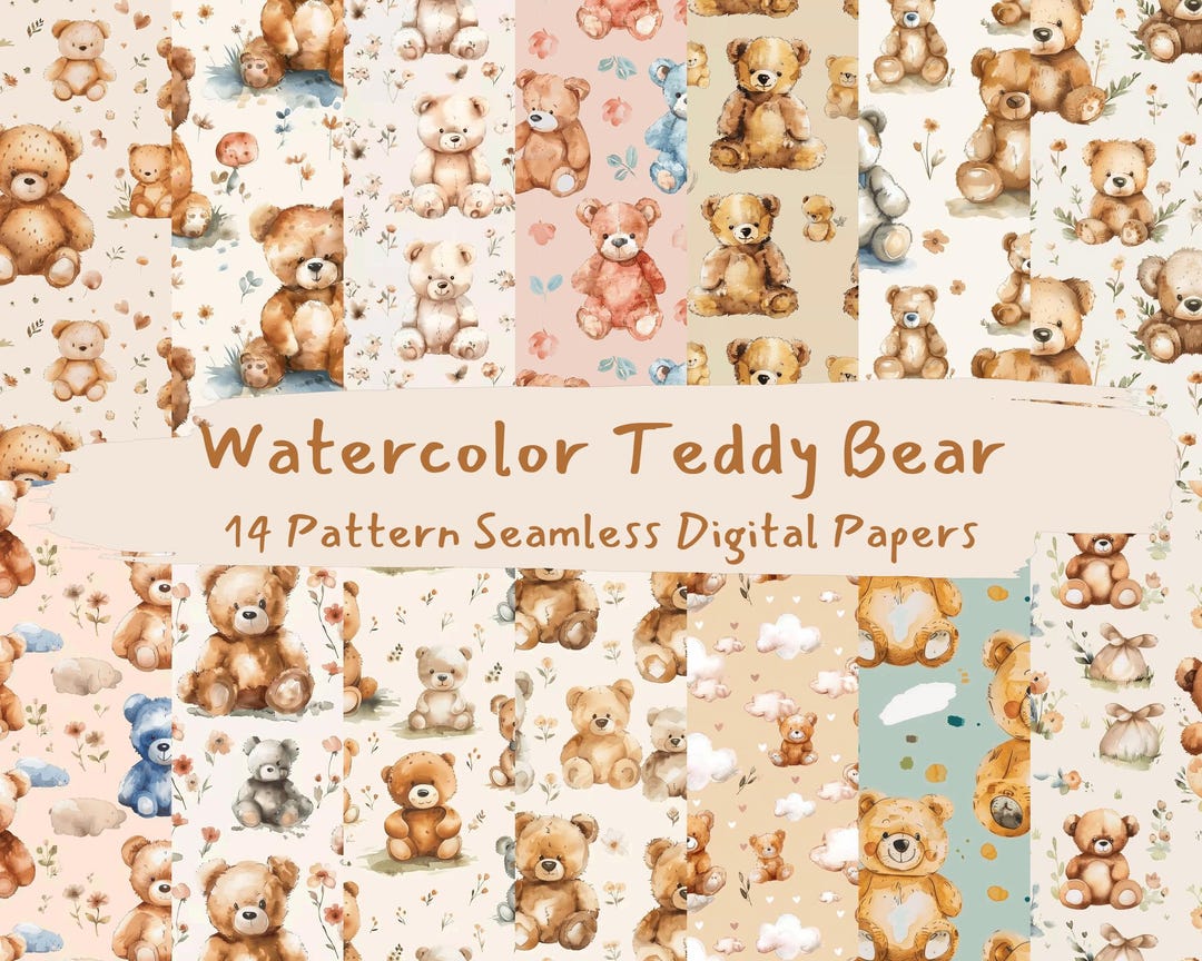Watercolor Teddy Bear Pattern Seamless Digital Papers - Printable ...