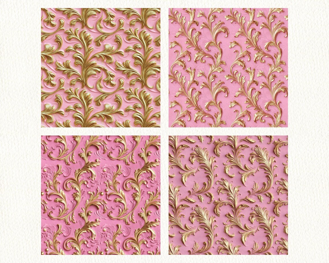 Pink Gold Rococo Pattern Seamless Digital Papers - Printable Scrapbook ...