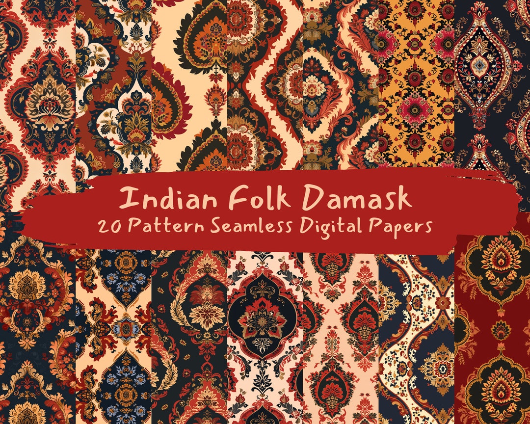 Indian Folk Damask Pattern Seamless Digital Papers - Printable ...