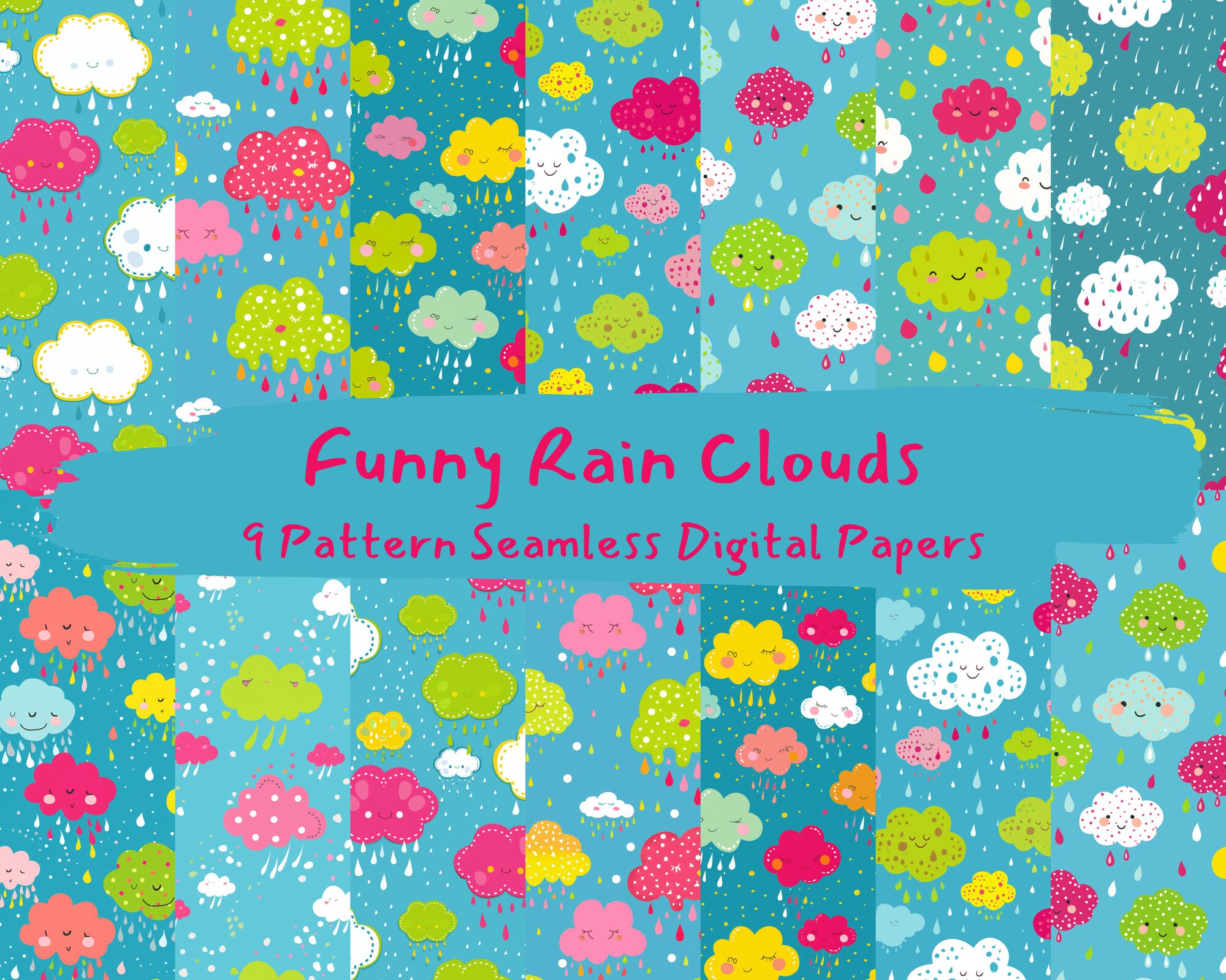 Funny Rain Clouds Pattern Seamless Digital Papers Printable Scrapbook ...