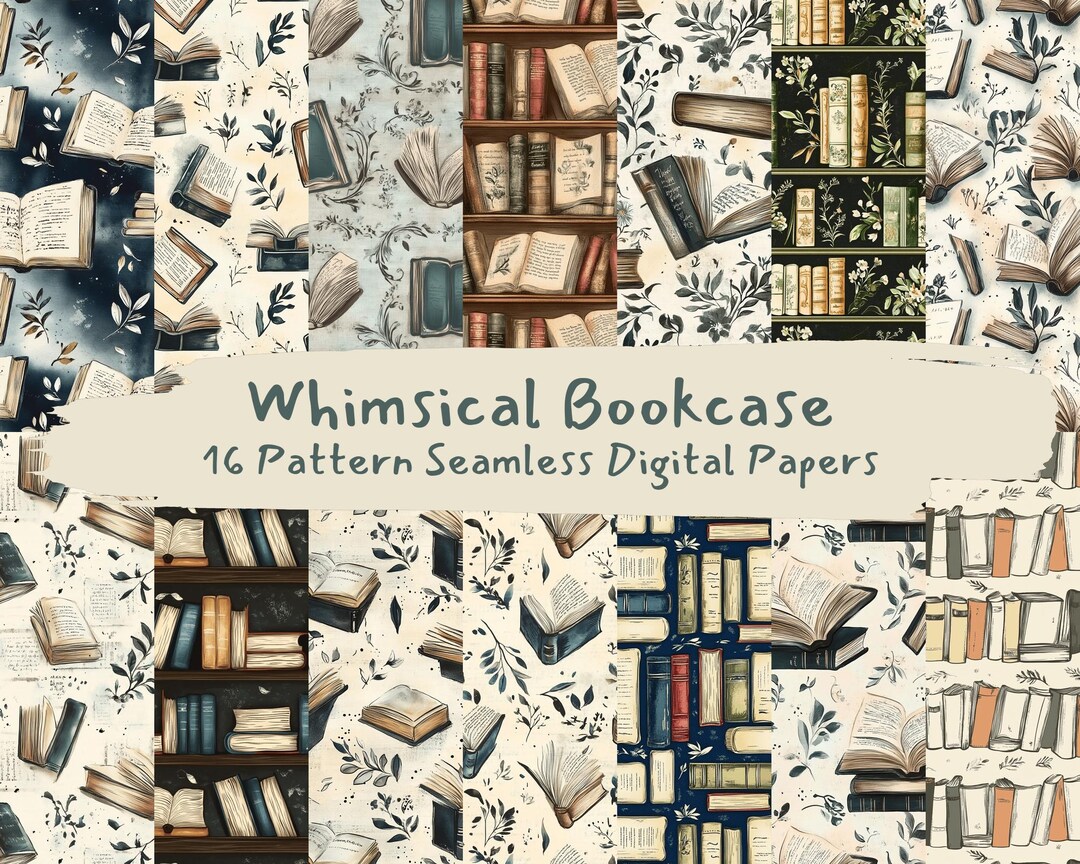 Whimsical Bookcase Pattern Seamless Digital Papers - Printable ...