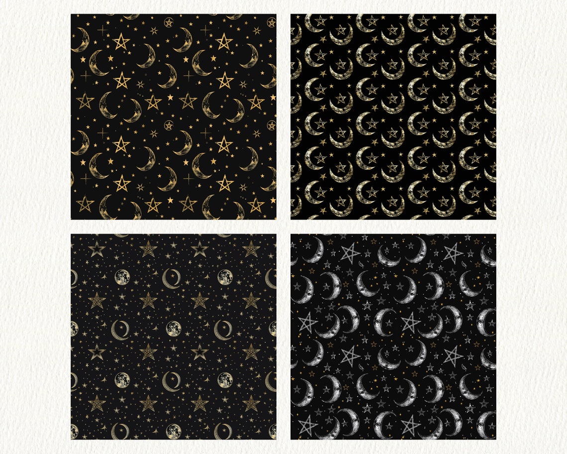 Moons, Stars, Pentacles Pattern Seamless Digital Papers - Printable ...