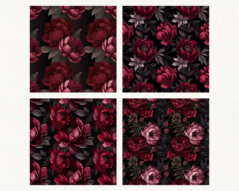 Dark Moody Burgundy Floral Pattern Seamless Digital Papers - Printable ...