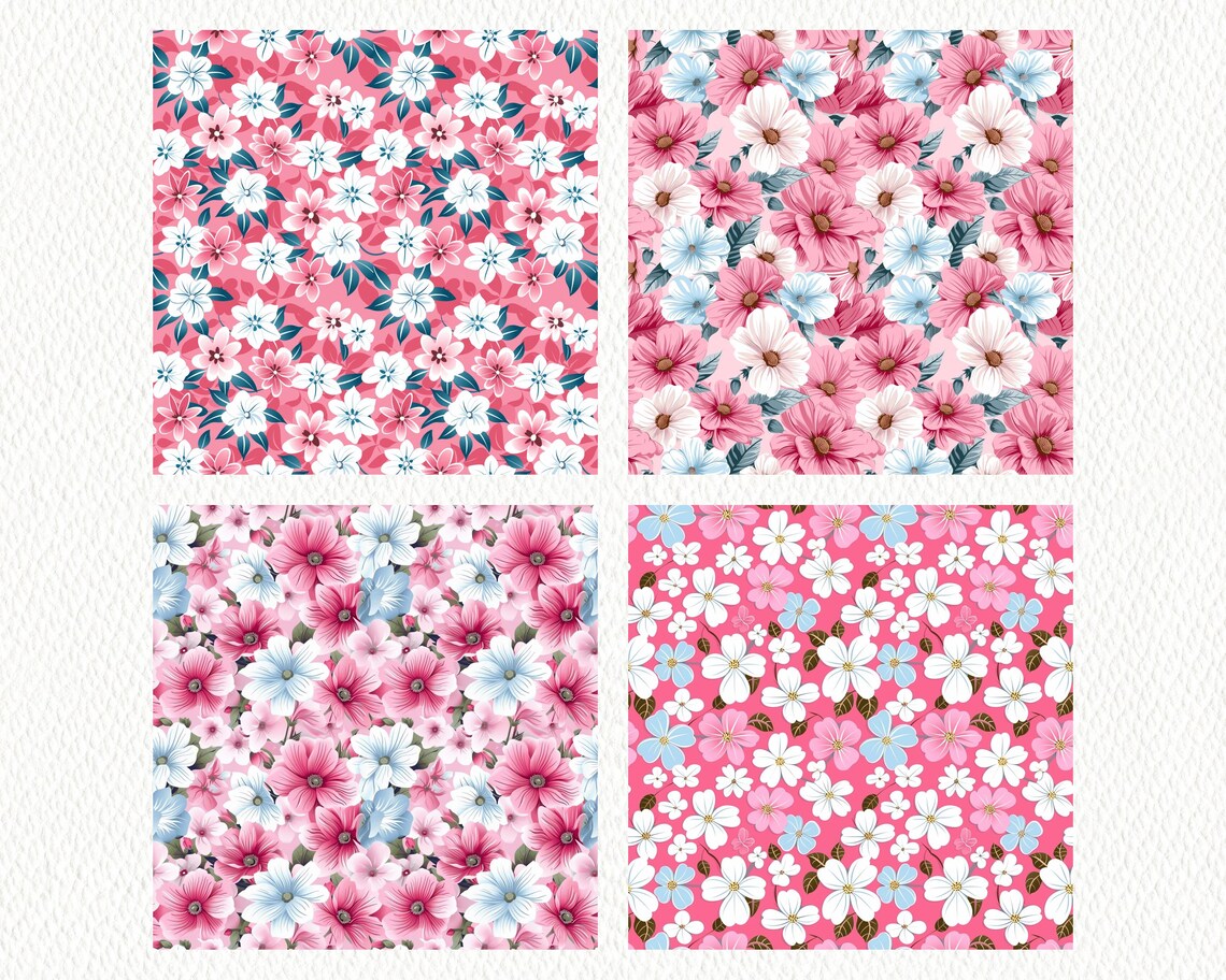 Pink White Flowers Pattern Seamless Digital Papers - Printable ...