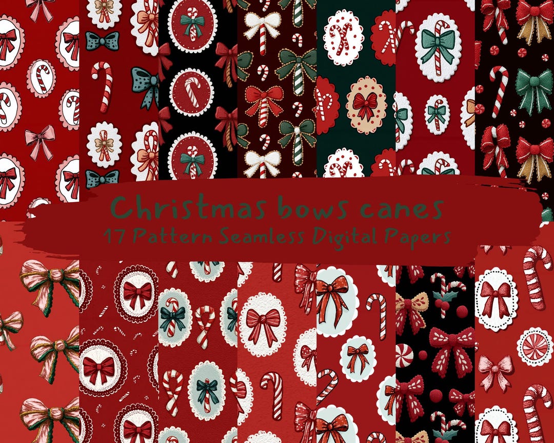 Christmas Bows Canes Pattern Seamless Digital Papers - Printable ...