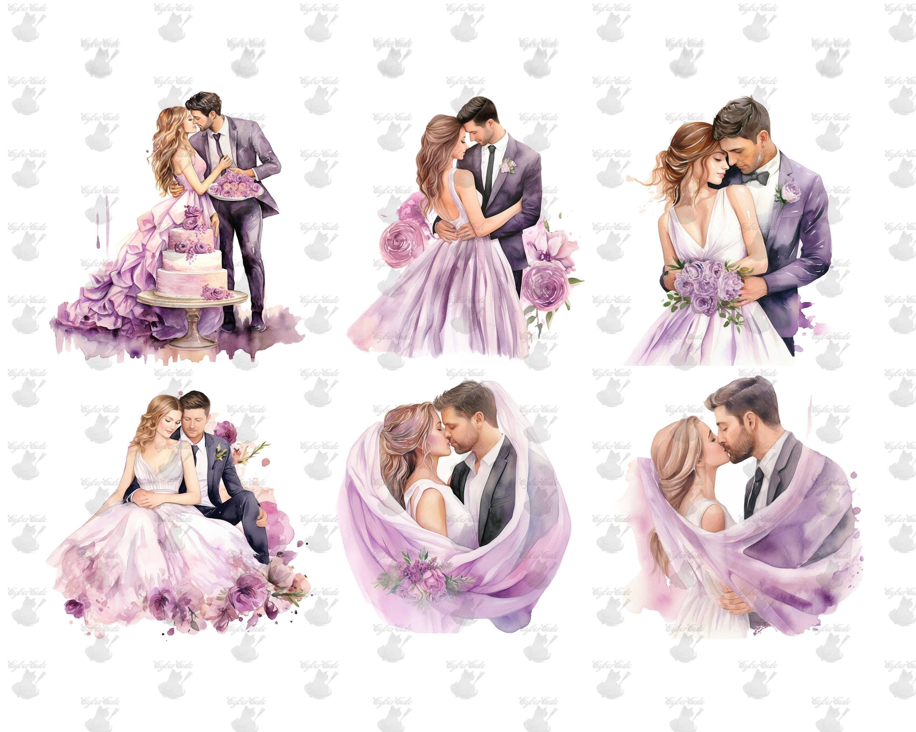 Bride and Groom Purple Wedding Digital Clipart Bundle in PNG Format ...