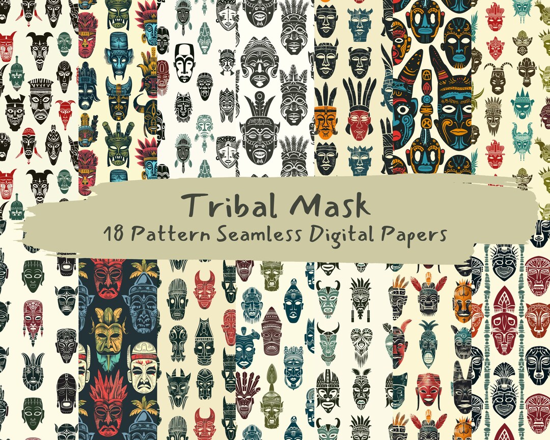 Tribal Mask Pattern Seamless Digital Papers - Printable Scrapbook Paper ...