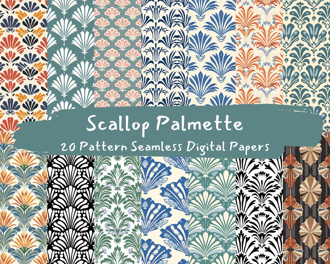 Scallop Palmette Pattern Seamless Digital Papers - Printable Scrapbook ...