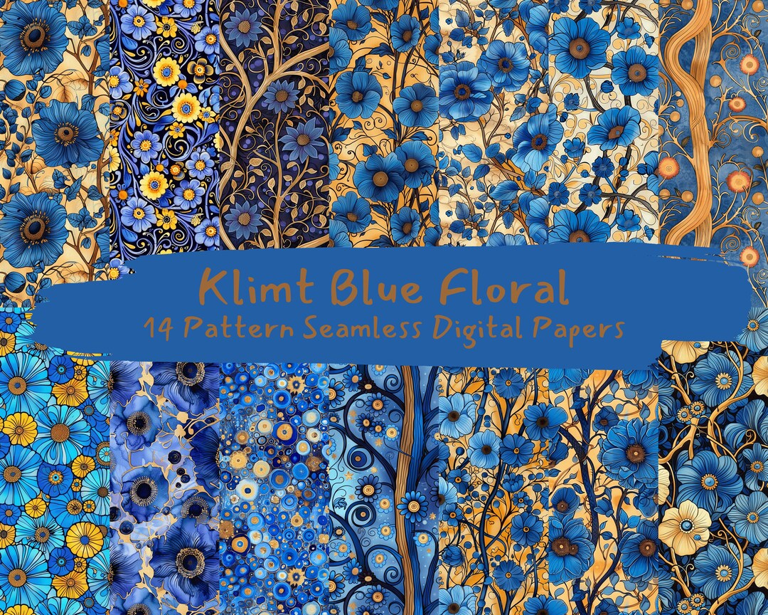 Klimt Blue Floral Pattern Seamless Digital Papers - Printable Scrapbook ...