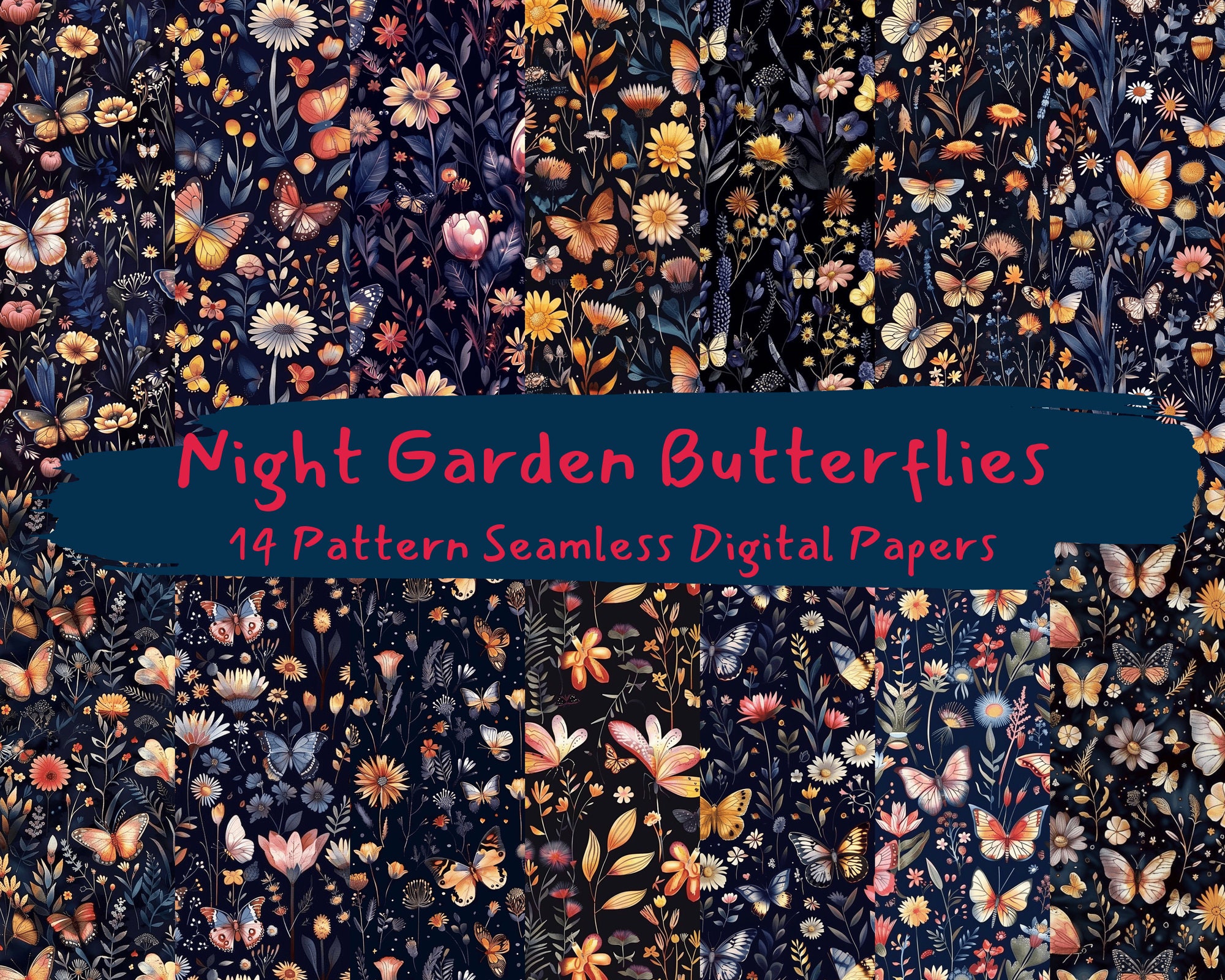 Night Garden Butterflies Pattern Seamless Digital Papers - Printable ...