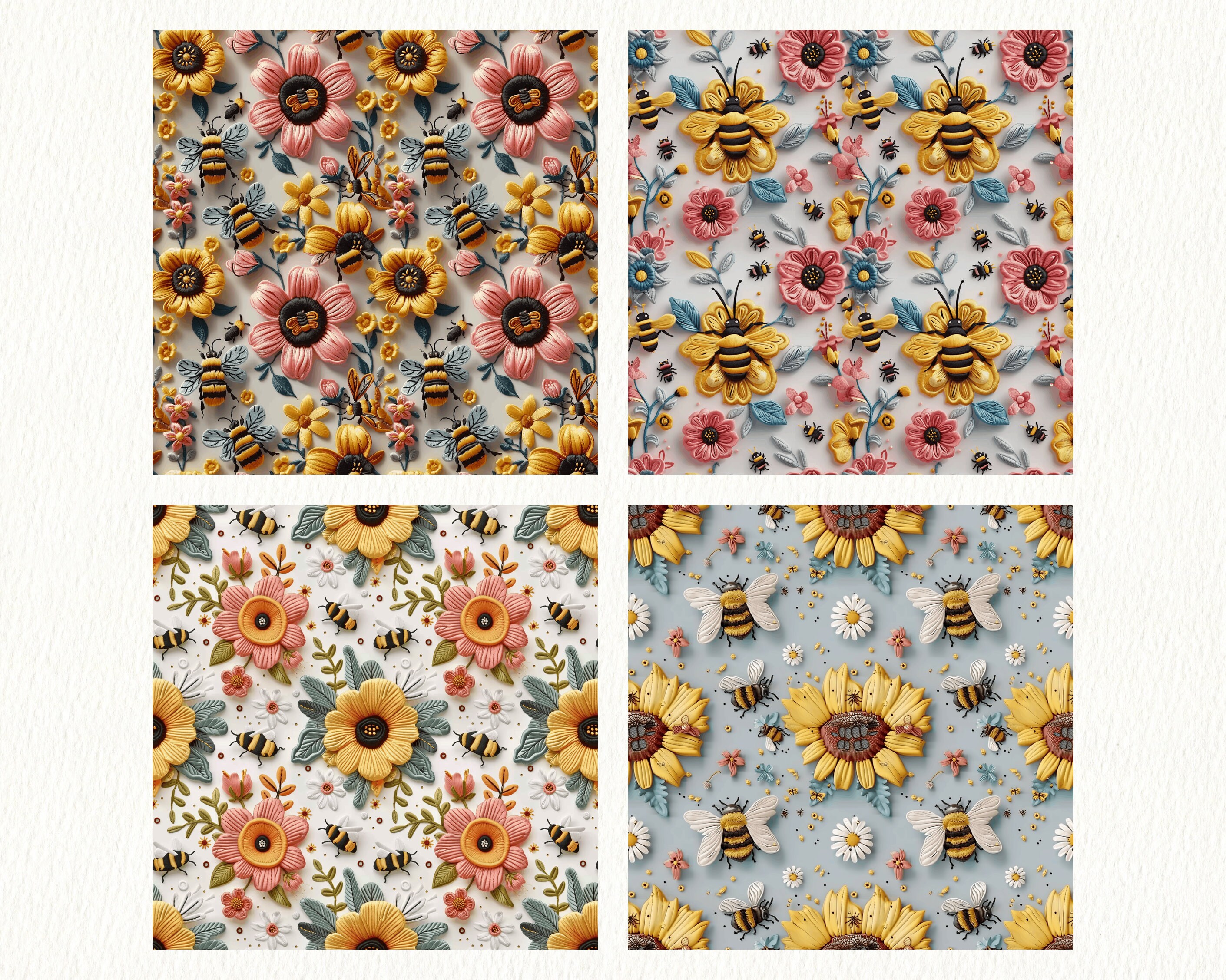 Boho Floral Bees Embroidery Pattern Seamless Digital Papers - Printable ...