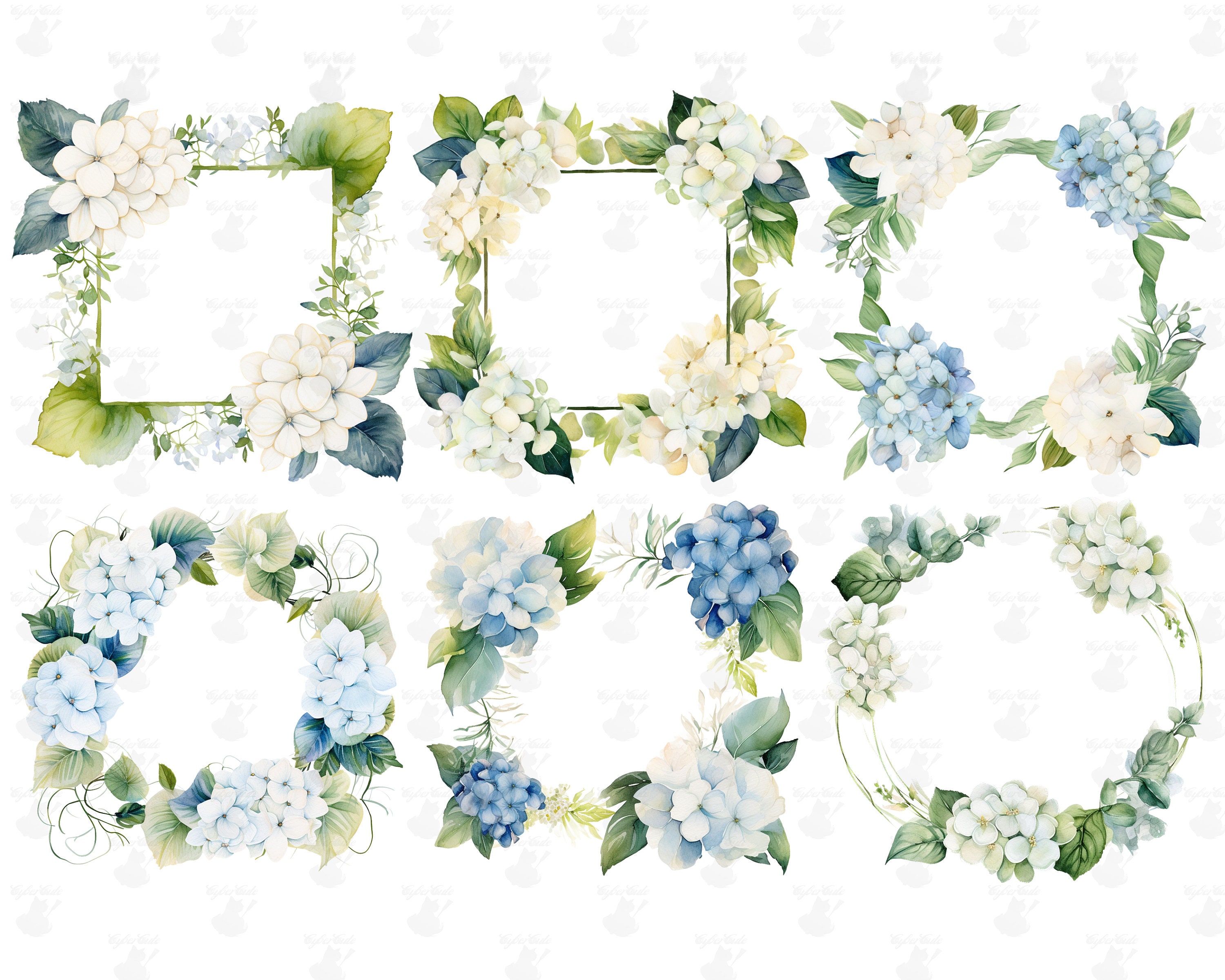 White Hydrangea Frame Digital Printable Clip Art Graphics in - Etsy