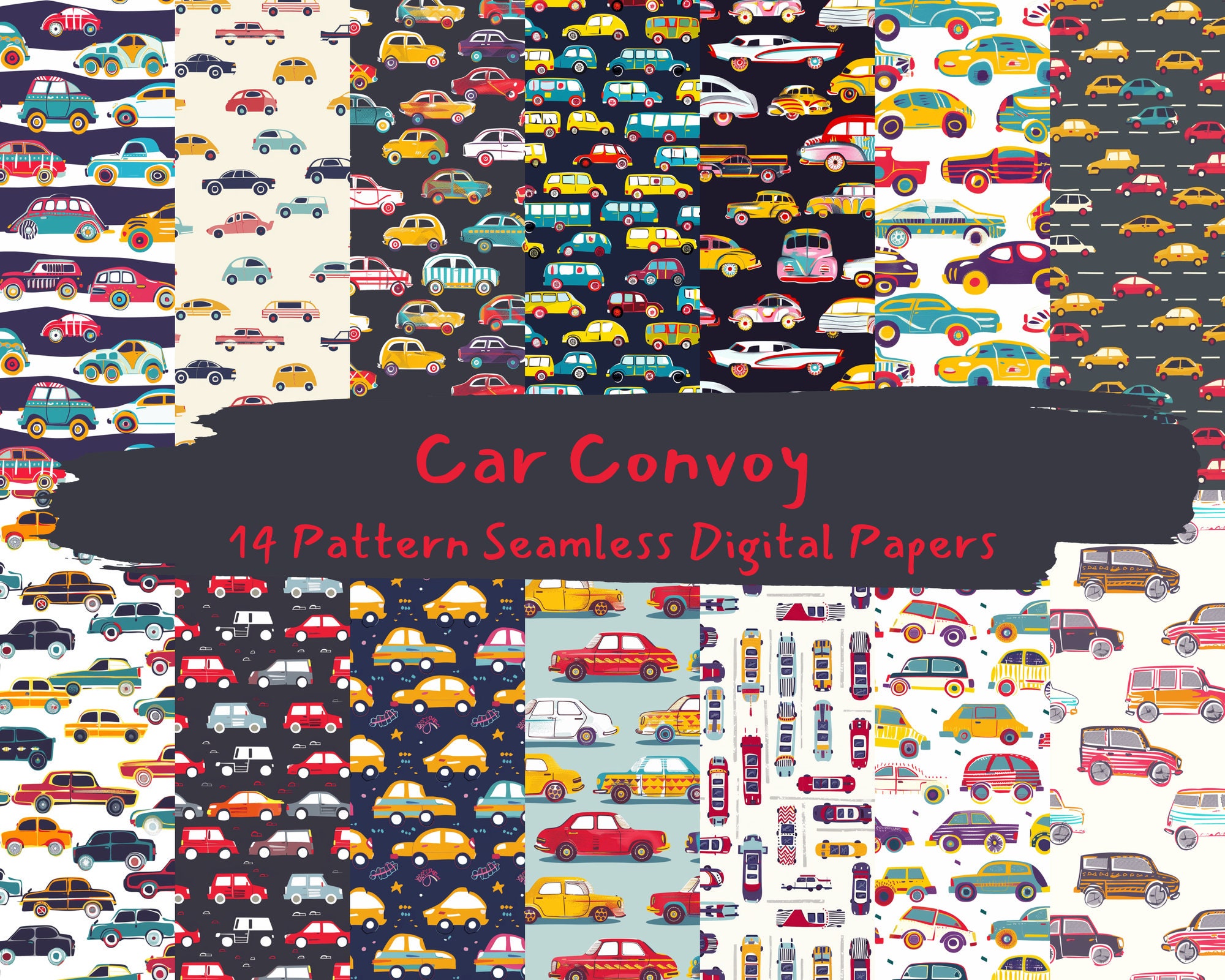 Car Convoy Pattern Seamless Digital Papers Printable Scrapbook Paper Instant Download 