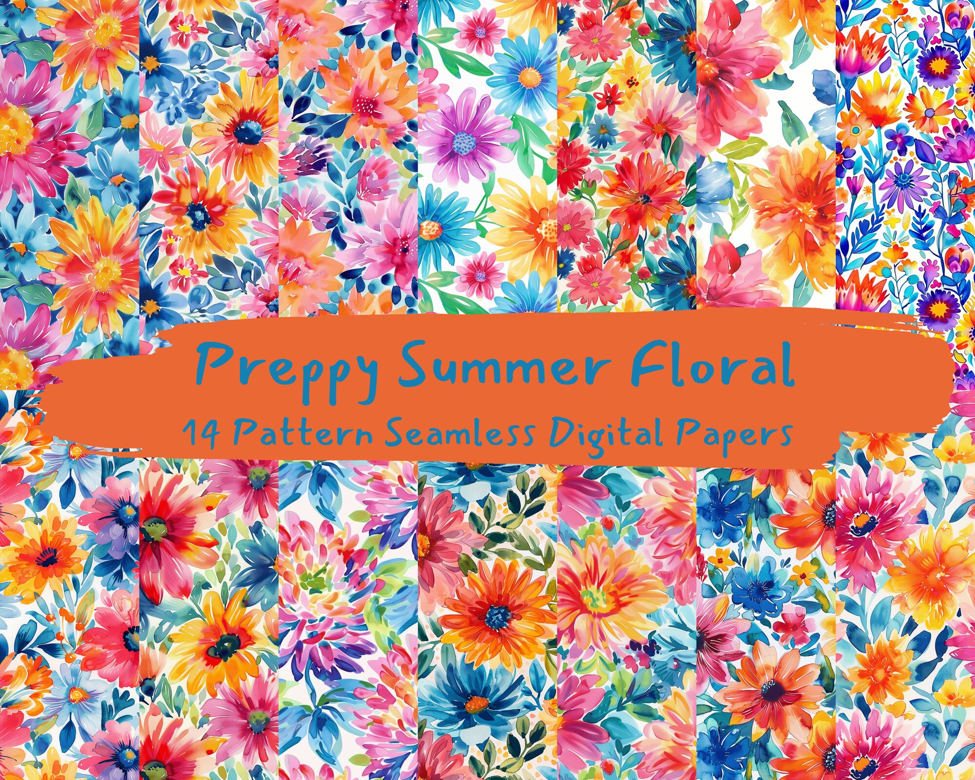 Preppy Summer Floral Pattern Seamless Digital Papers - Printable ...