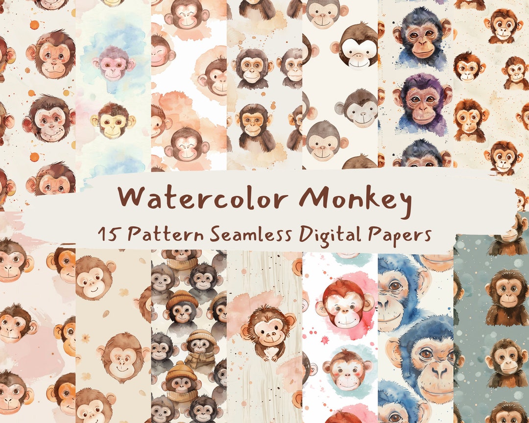 Watercolor Monkey Pattern Seamless Digital Papers Printable Scrapbook ...