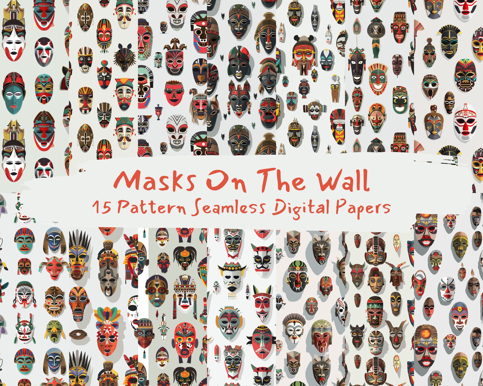 Masks on the Wall Pattern Seamless Digital Papers - Printable Scrapbook ...