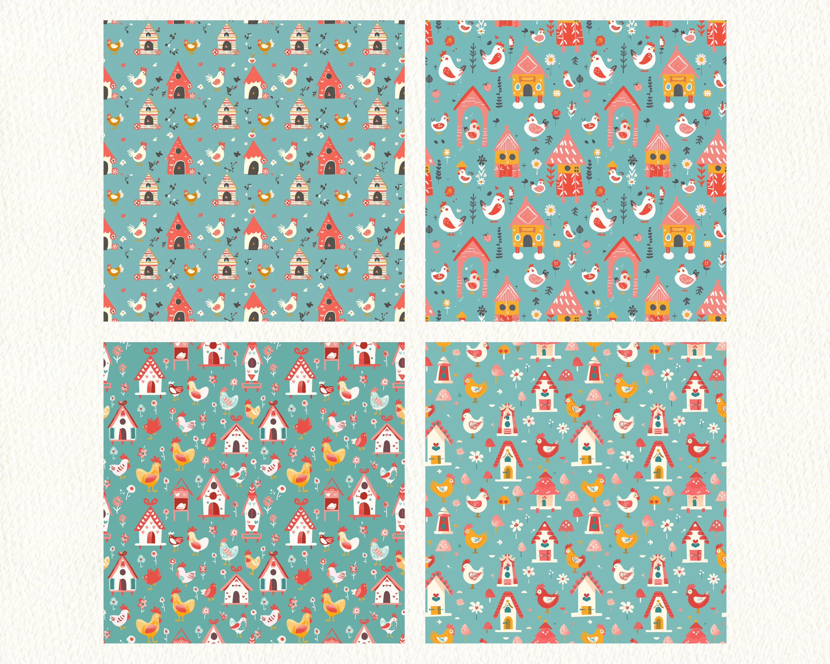 Happy Hens and Hen Coops Pattern Seamless Digital Papers - Printable ...