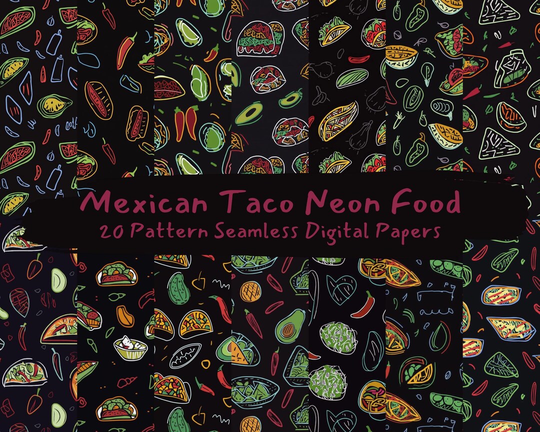 Mexican Taco Neon Food Pattern Seamless Digital Papers - Printable ...